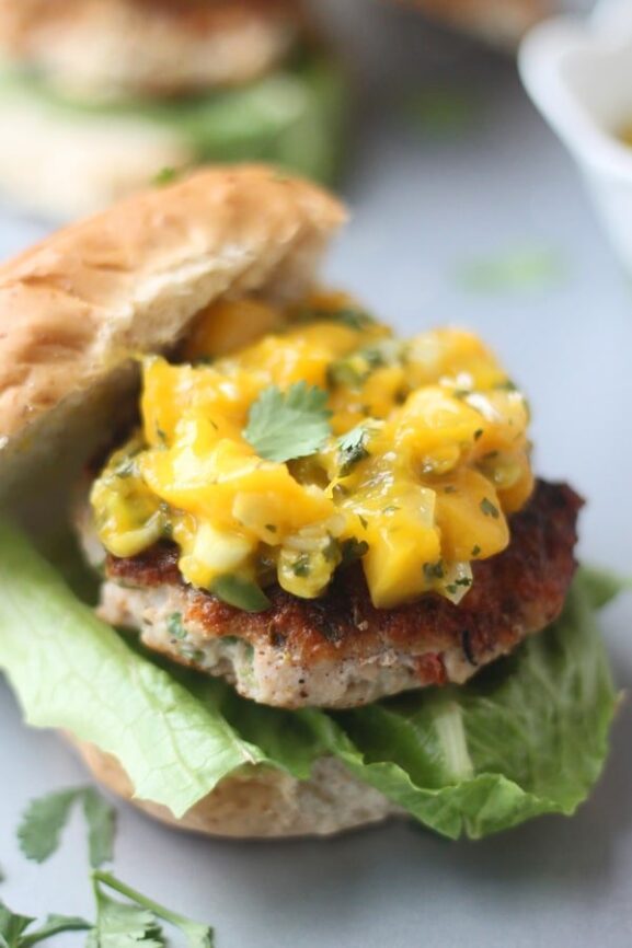 Blackened Chicken Burgers with Warm Mango Salsa - Cooking for Keeps