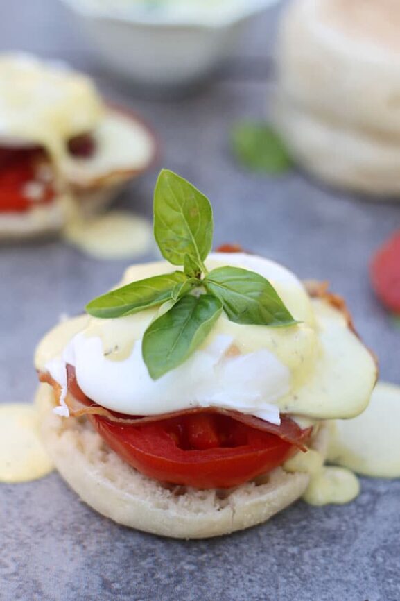 BLT Benedicts with Prosciutto and Basil Hollandaise - Cooking for Keeps