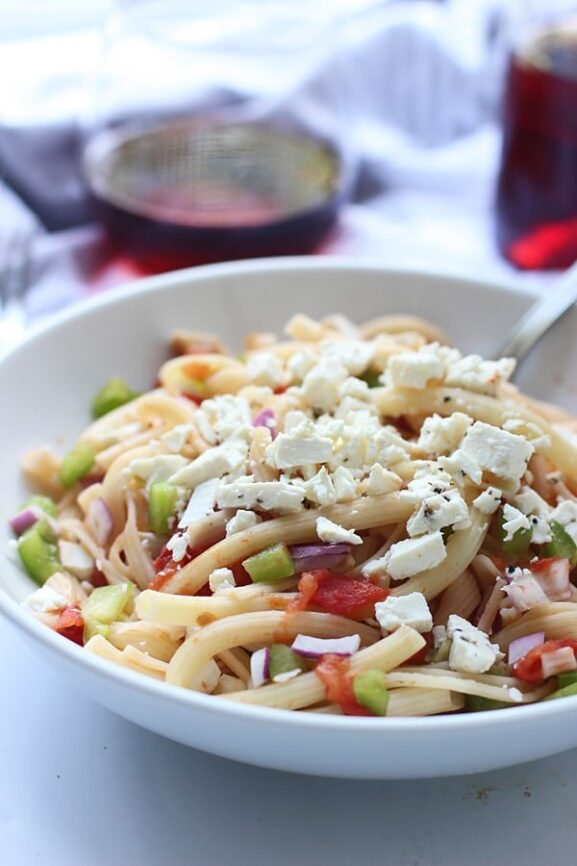 Greek Pasta with Tomatoes, Wine and Feta