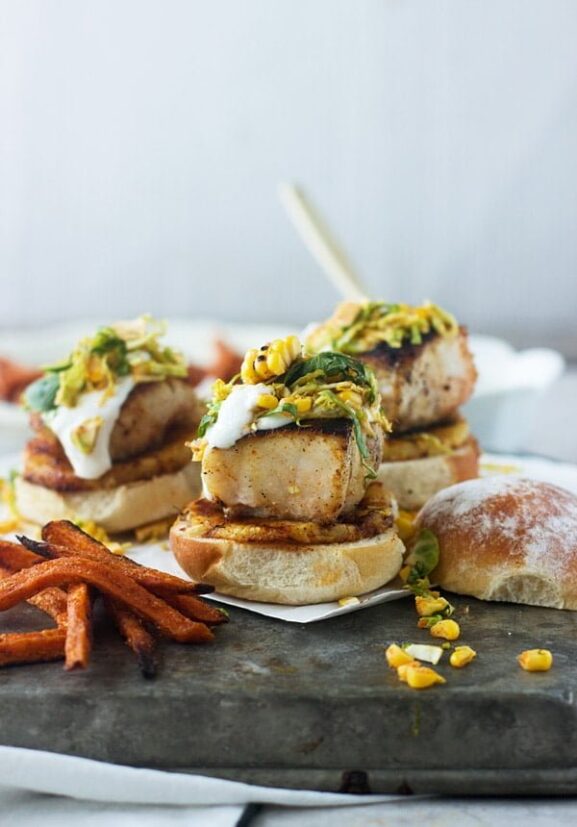 Mahi Mahi Sliders with Grilled Pineapple, Corn Brussels Sprout Slaw and ...