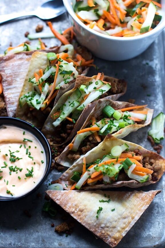 Mini Banh Mi Wonton Tacos - Cooking for Keeps