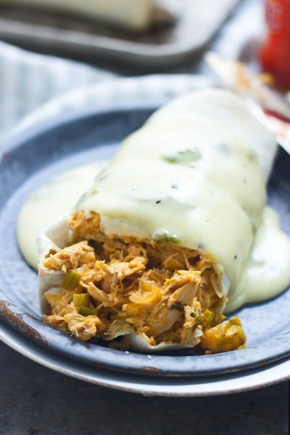 Easy Buffalo Chicken Burritos with Hatch Pepper Queso - Cooking for Keeps