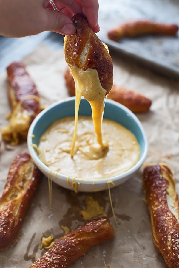 Soft Pretzel Sticks with Pumpkin Beer Fondue - Cooking for Keeps