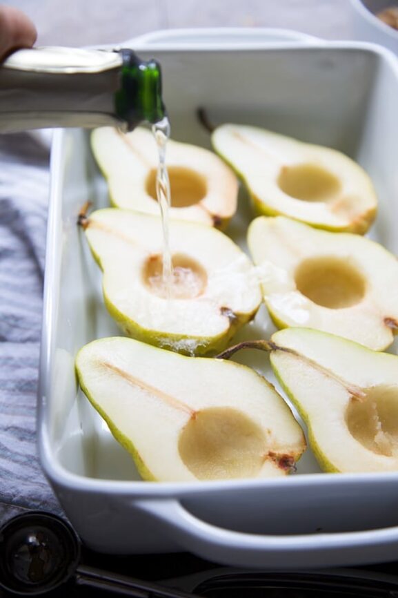 Baked Champagne Pears with Oat Almond Crumble - Cooking for Keeps