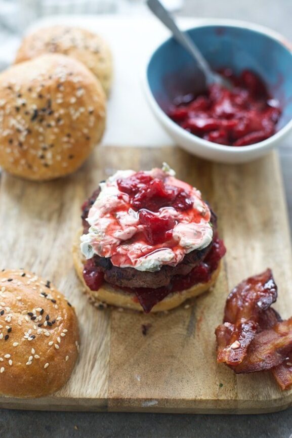 Jalapeño Cream Cheese Burgers with Roasted Strawberries - Cooking for Keeps
