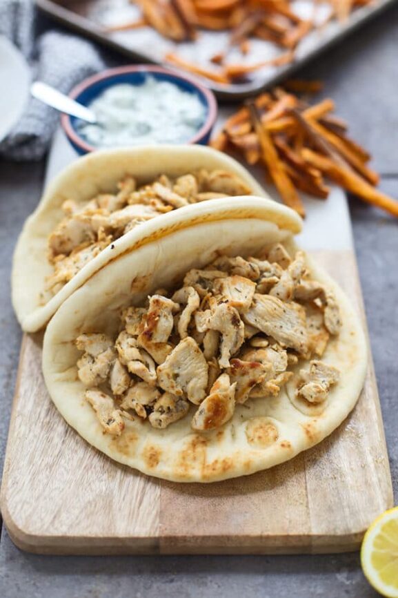 Healthy Chicken Gyros with Feta Tzatziki and Sweet Potato Fries ...