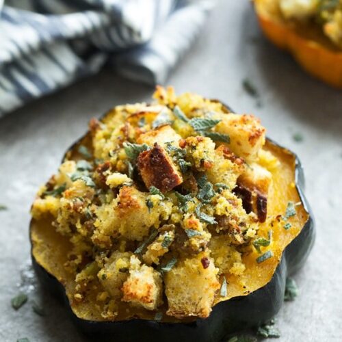 Cornbread Dressing Stuffed Acorn Squash - Cooking for Keeps
