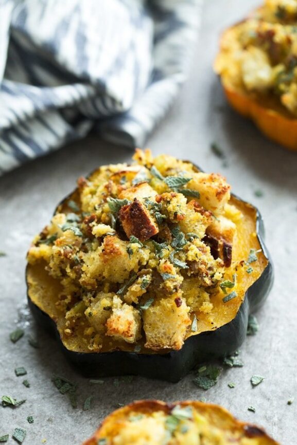 Cornbread Dressing Stuffed Acorn Squash - Cooking for Keeps