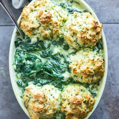 Creamed Spinach Gratin with Chive Drop Biscuits - Cooking for Keeps