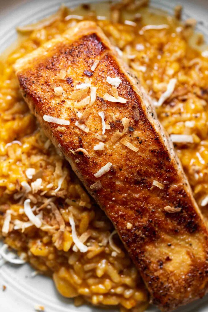 Coconut Curry Risotto with Crispy Salmon - Cooking for Keeps