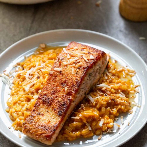 Coconut Curry Risotto with Crispy Salmon - Cooking for Keeps