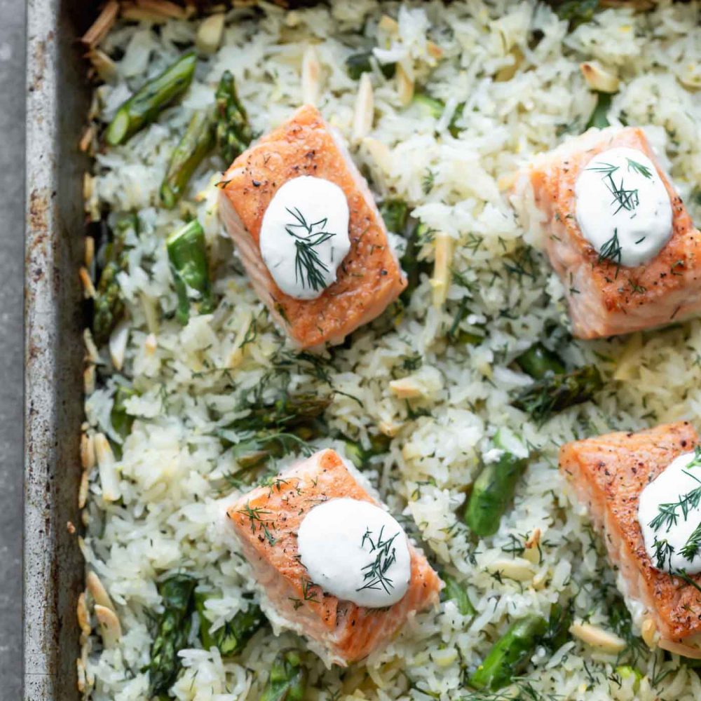 Sheet Pan Salmon and Rice with Lemon Dill Sauce - Cooking for Keeps