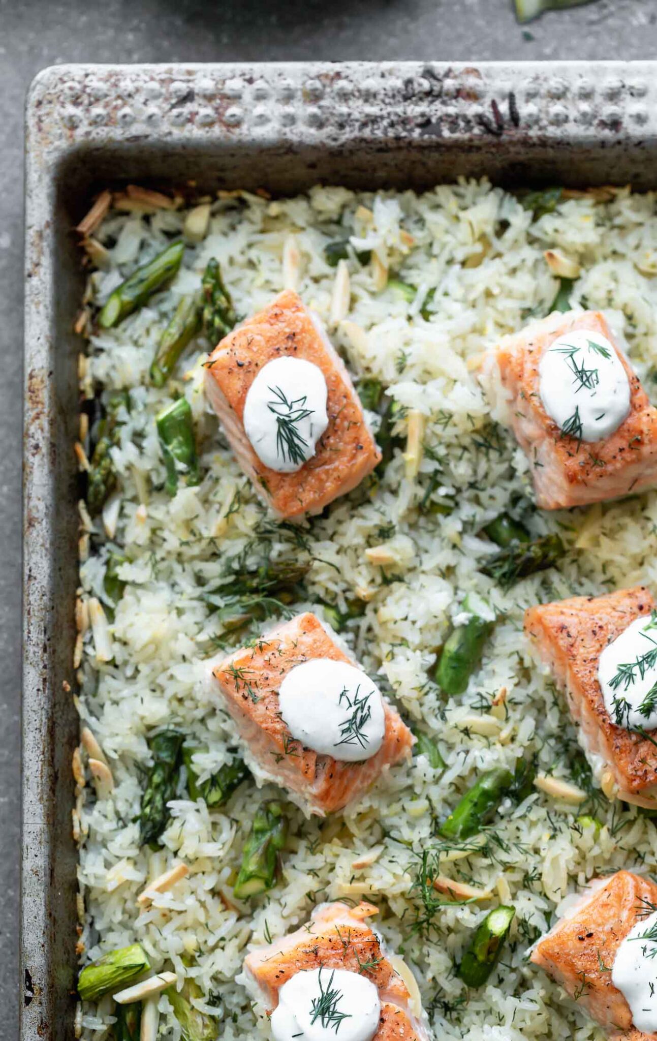 Sheet Pan Salmon and Rice with Lemon Dill Sauce - Cooking for Keeps