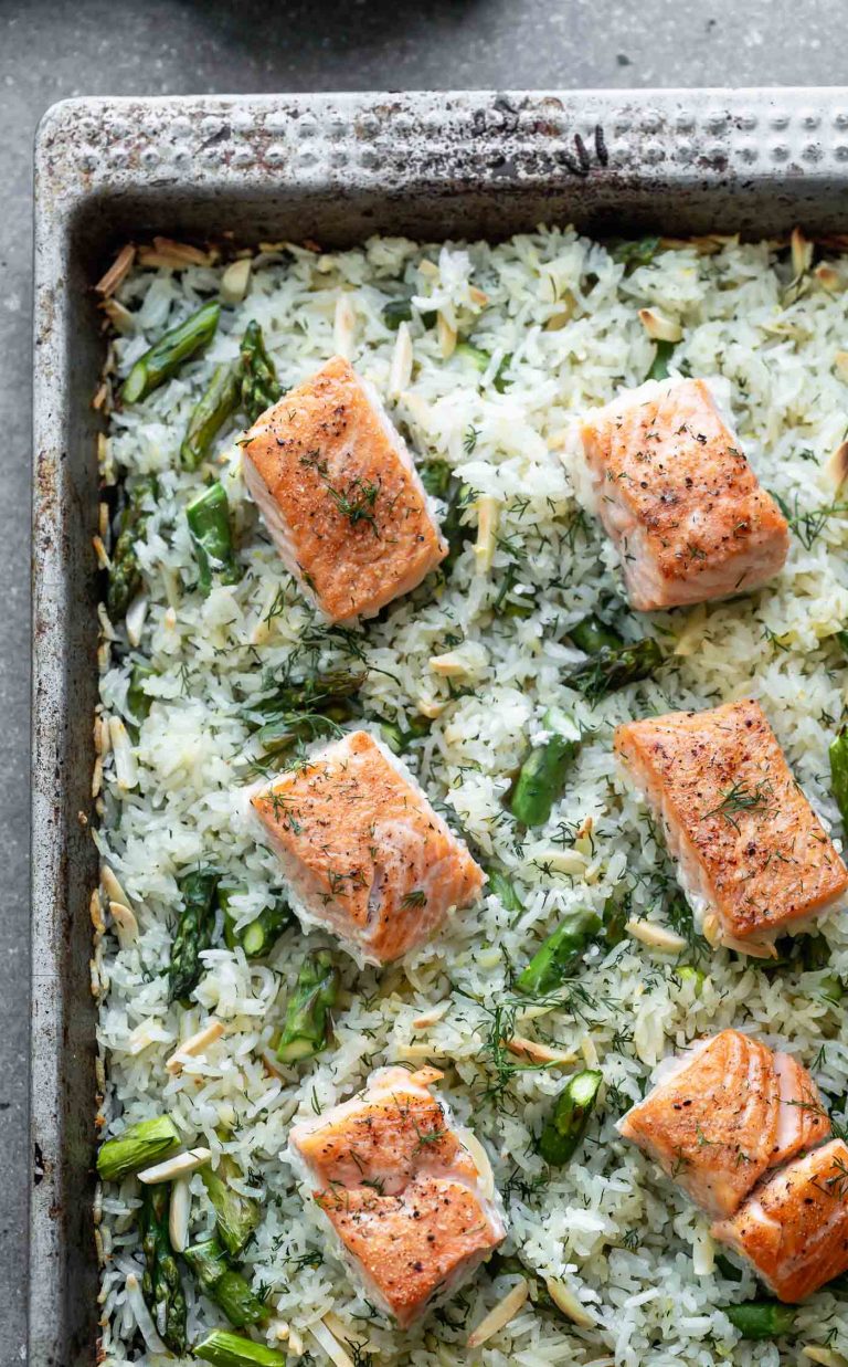 Sheet Pan Salmon and Rice with Lemon Dill Sauce - Cooking for Keeps