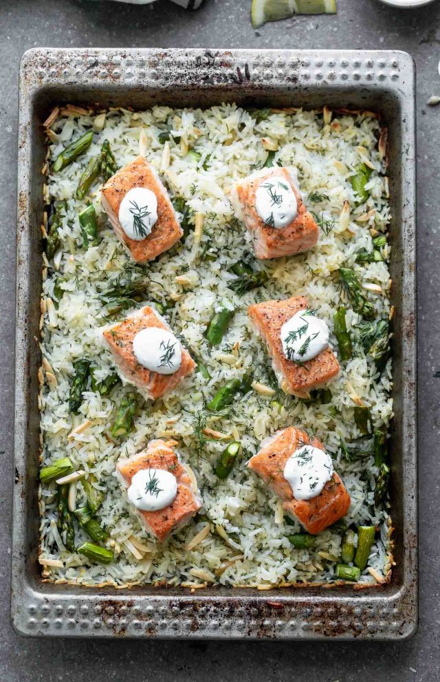 Sheet Pan Salmon and Rice with Lemon Dill Sauce - Cooking for Keeps