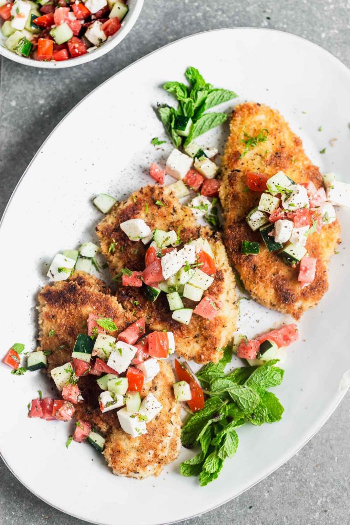 Chicken Milanese with Feta Tomato Salad - Cooking for Keeps