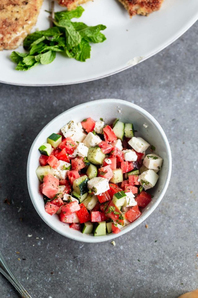 Chicken Milanese with Feta Tomato Salad - Cooking for Keeps