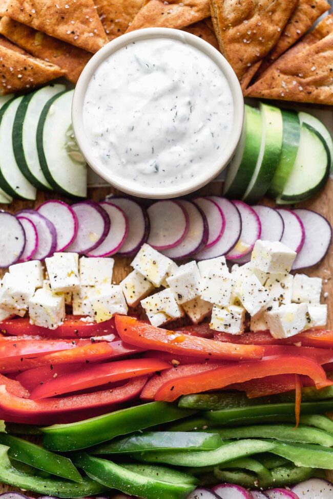 Greek Crudités with Tzatziki and Pita Chips - Cooking for Keeps