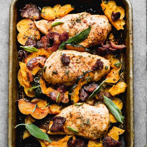 One Pan Chicken with Bacon and Acorn Squash - Cooking for Keeps