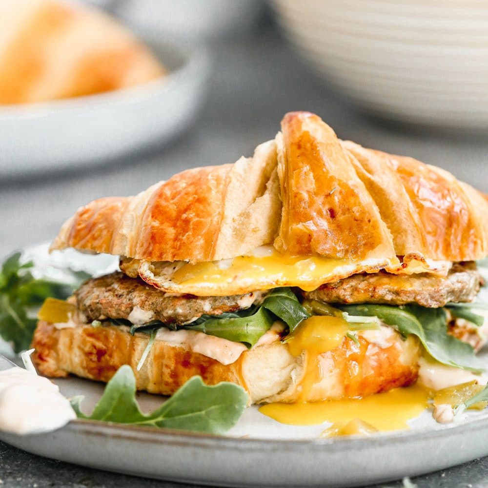 Spicy Sausage Croissant Breakfast Sandwich - Cooking for Keeps